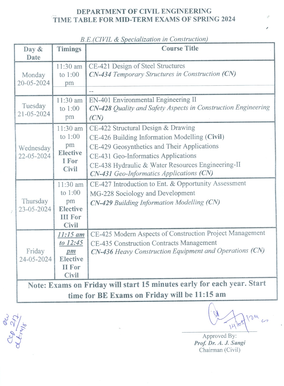 Midterm Exam Timetable | Department of Civil Engineering - NED University